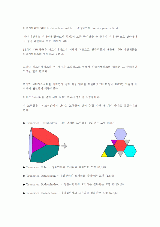 아르키메디안 입체(Archimedean solids) : 준정다면체 (semiregular solids)