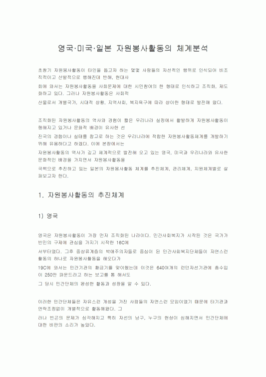 우리나라 자원봉사와 선진국(나라선택) 자원봉사의 비교분석