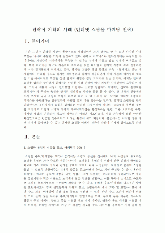 전략적 기획의 사례 (인터넷 쇼핑몰 마케팅 전략)