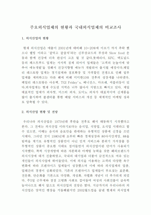 주요외식업체의 현황과 국내외식업체의 비교조사