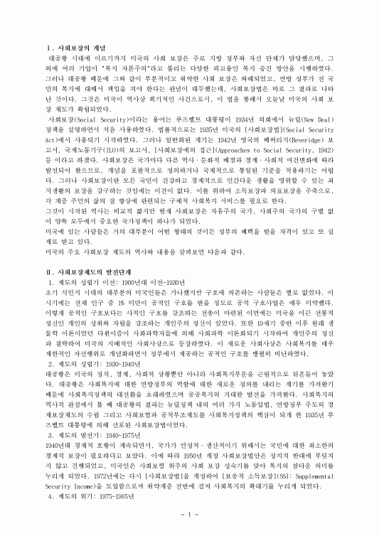미국의 사회보장제도의 연혁, 특징, 관련기관, 규모, 장단점, 세부제도에 대하여 조사해주세요