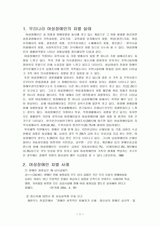 여성장애인 차별 실태와 원인, 사례, 해결방안 보고서