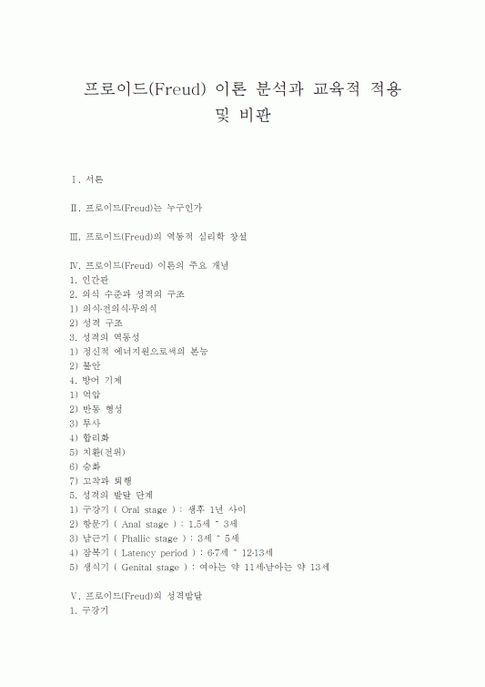 서론, 본론, 결론에 근거한 프로이드의 정신분석이론 분석