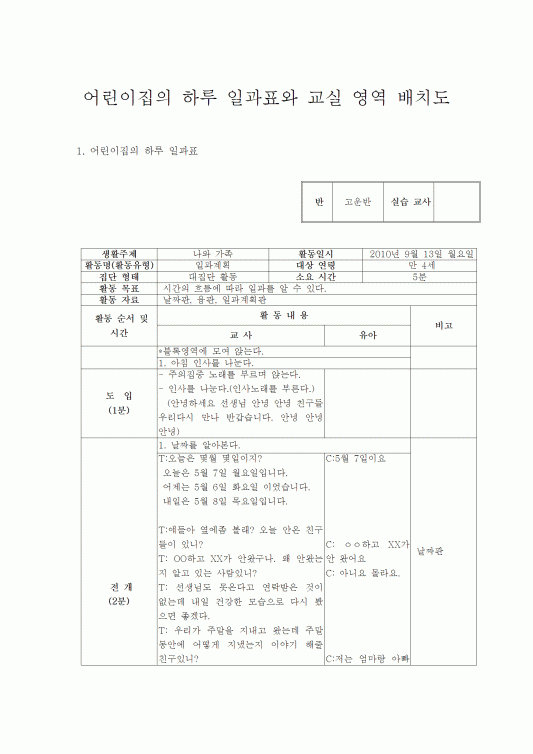 어린이집의 하루 일과표와 교실 영역 배치도