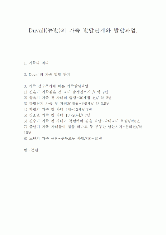 Duvall(듀발)의 가족 발달단계와 발달과업.