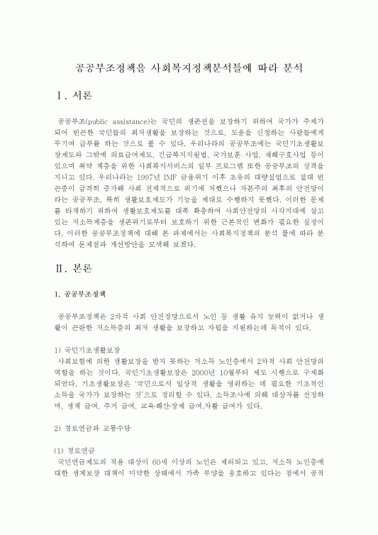 사회복지정책(사회보험,공공부조정책)중 택일해 정책분석틀(배분,공급,전달체게,재정) 분석