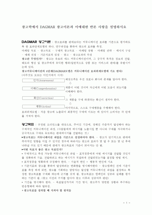 광고학에서 DAGMAR 광고이론과 이에대한 반론 사항을 설명하시요
