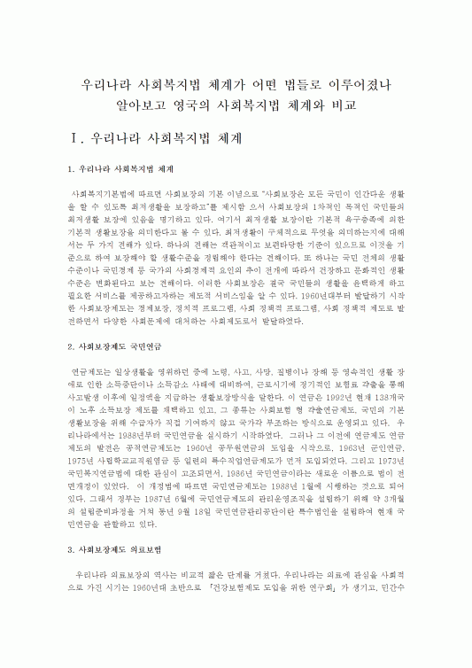 우리나라 사회복지법 체계가 어떤 법들로 이루어졌나 알아보고 영국의 사회복지법 체계와 비교