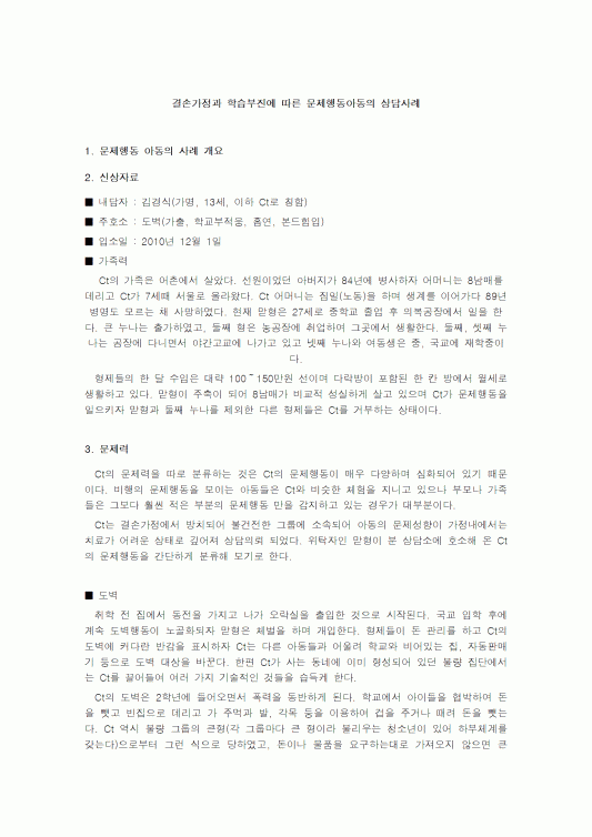 결손가정과 학습부진에 따른 문제행동아동의 상담사례