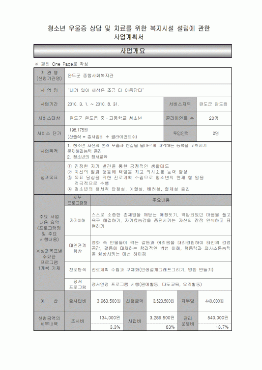 청소년 우울증 상담 및 치료를 위한 복지시설 설립에 관한 사업계획서