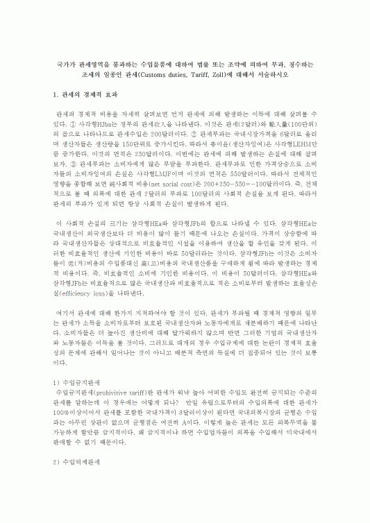 국가가 관세영역을 통과하는 수입물품에 대하여 법률 또는 조약에 의하여 부과, 징수하는 조세의 일종인 관세(Customs duties, Tariff, Zoll)에 대해서 서술