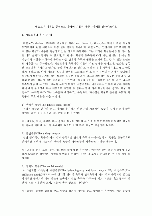 매슬로우 이론을 중심으로 유아의 기본적 욕구 7가지를 간략히쓰시요