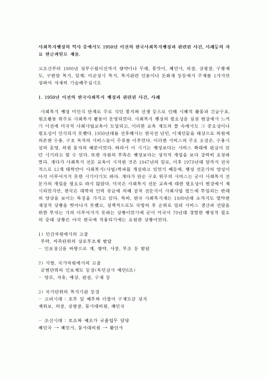 사회복지행정의 역사 중에서도 1950년 이전의 한국사회복지행정과 관련된 사건, 사례 등의 자료를 한글화일로 제출해 주십시오. 고조선부터 1950년 정부수립이전까지 향약이나 두레, 품앗이, 혜민서, 의창, 상평창, 구황제도, 구한말 복지, 일제시대 반복지행정, 미군정 복지, 우리나라 위인들의 복지관련 언급이나 행적, 복지관련 인물이나 문화재 등등에서 주제를 1가지만 정하여 자세히 기술해 주십시오