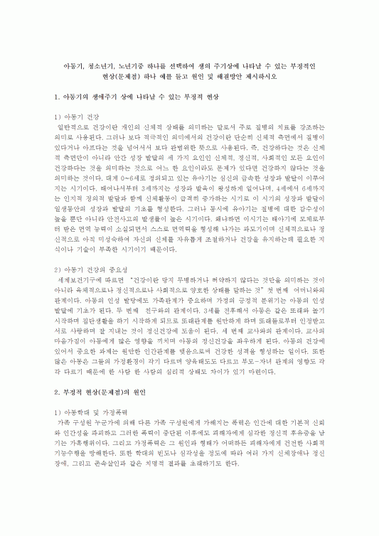 아동기, 청소년기, 노년기중 하나를 선택하여 생의 주기상에 나타날 수 있는 부정적인 현상(문제점) 하나 예를 들고 원인 및 해결방안 제시
