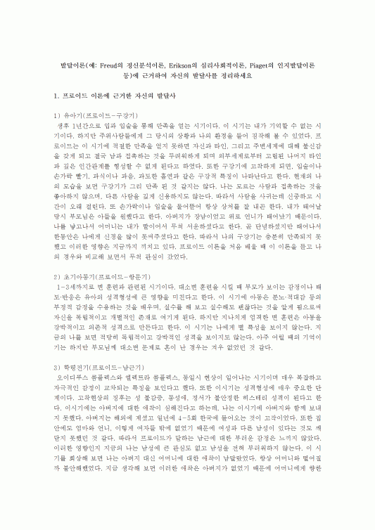 발달이론(예: Freud의 정신분석이론, Erikson의 심리사회적이론, Piaget의 인지발달이론 등)에 근거하여 자신의 발달사를 정리