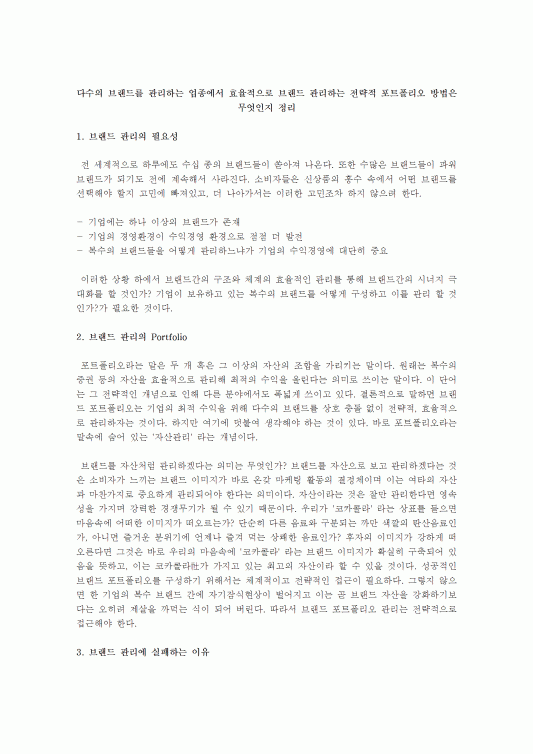 다수의 브랜드를 관리하는 업종에서 효율적으로 브랜드 관리하는 전략적 포트폴리오 방법은 무엇인지 정리