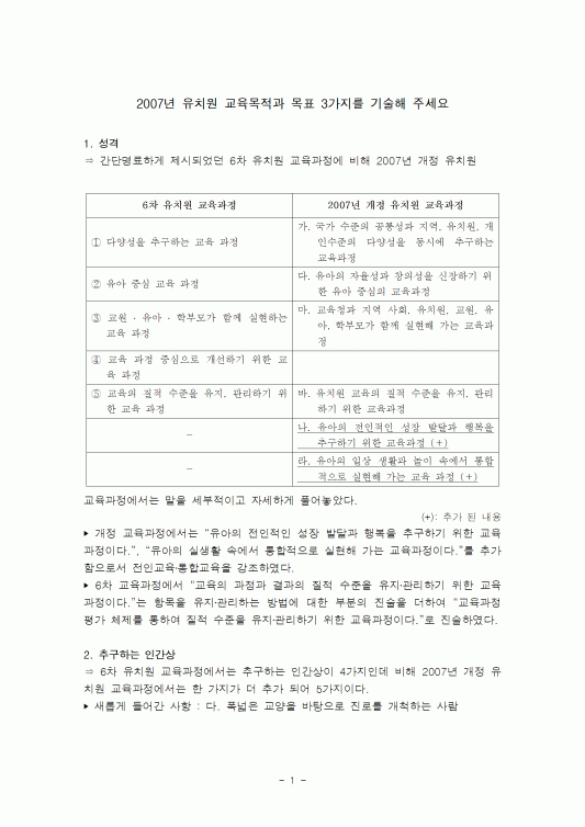 2007년 유치원 교육목적과 목표 3가지를 기술해 주세요