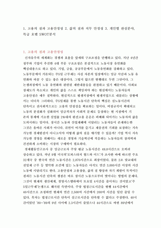 1.고용의 질과 고용안정성 2.삶의질과직무안정성.3개인별 관심분야, 특급호텔SWOT분석