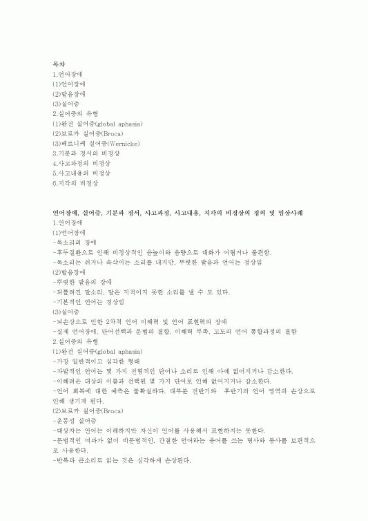 언어장애, 실어증, 기분과 정서, 사고과정, 사고내용, 지각의 비정상의 정의 및 임상사례