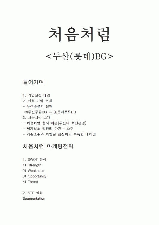 처음처럼 마케팅 SWOT,STP,4P 전략분석과 나의의견