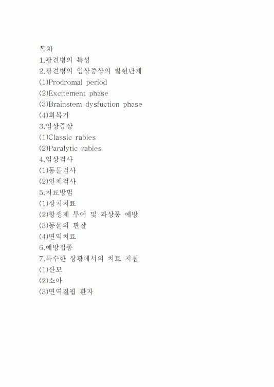 광견병(rabies)의 임상증상, 검사, 치료방법, 예방접종, 특수상황에서의 치료 지침에 대해서