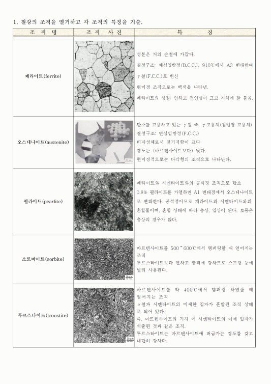 철강의 조직을 열거하고 각 조직의 특징 및 (열)처리기술에 대하여 기술
