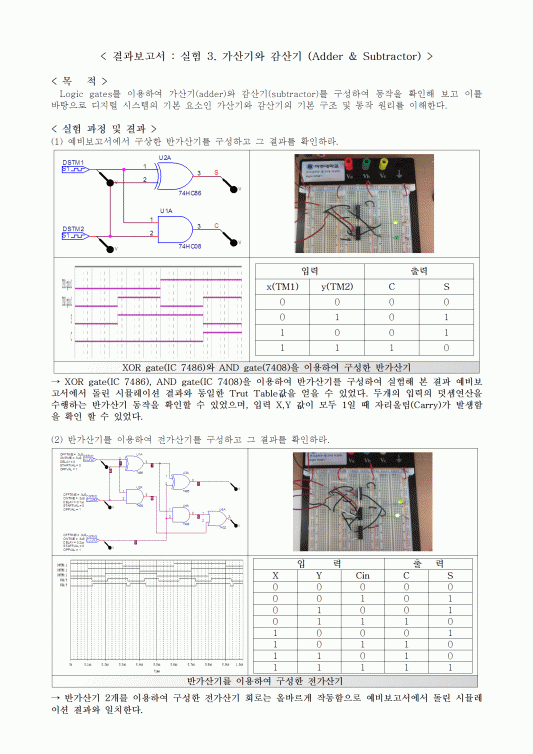 결과보고서  실험 3. 가산기와 감산기 (Adder & Subtractor)