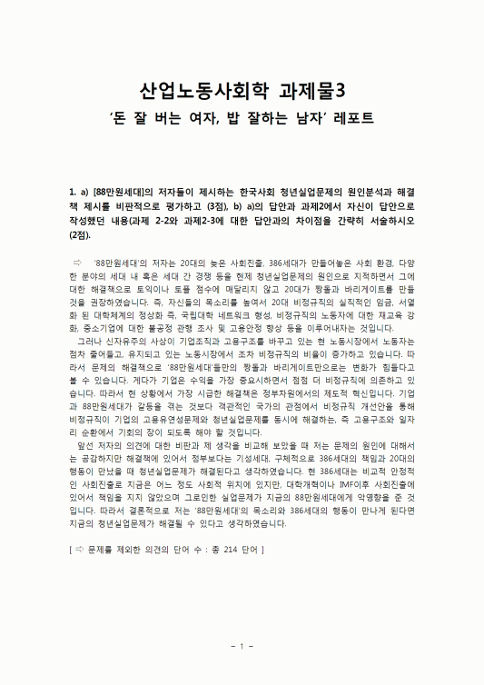 산업노동사회학 _돈잘버는여자,일잘하는남자
