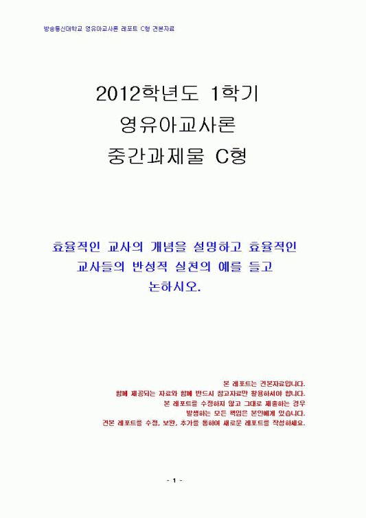 2012년 1학기 영유아교사론 중간시험과제물 C형(효율적인교사의반성적실천))