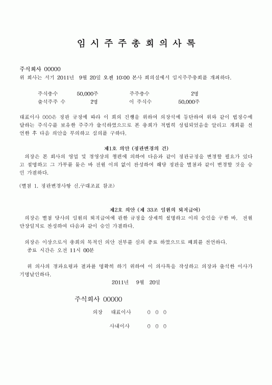 주주총회 회의록 실례(회사규정 변경 및 기타사안논의)