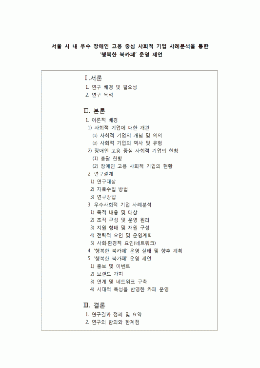 서울 시 내 우수 장애인 고용 중심 사회적 기업 사례분석을 통한 ‘행복한 북카페’ 운영 제언