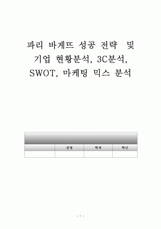 파리 바게뜨 성공 전략  및 기업 현황분석, 3C분석, SWOT, 마케팅 믹스 분석