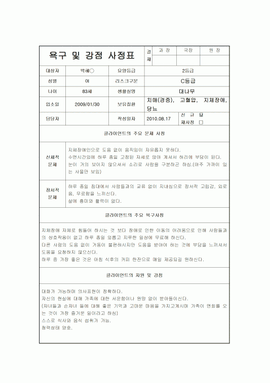 사례관리시 욕구 및 강점 사정표, 대상자별 서비스 목표, 사례관리 일지, 종결표 4가지로 구성