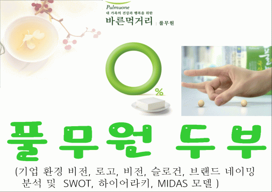 풀무원 두부(기업 환경 비전, 로고, 비전, 슬로건, 브랜드 네이밍 분석 및  SWOT, 하이어라키, MIDAS 모델)