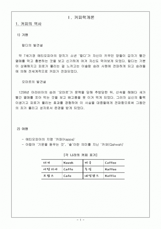커피학 개론 레포트 자료