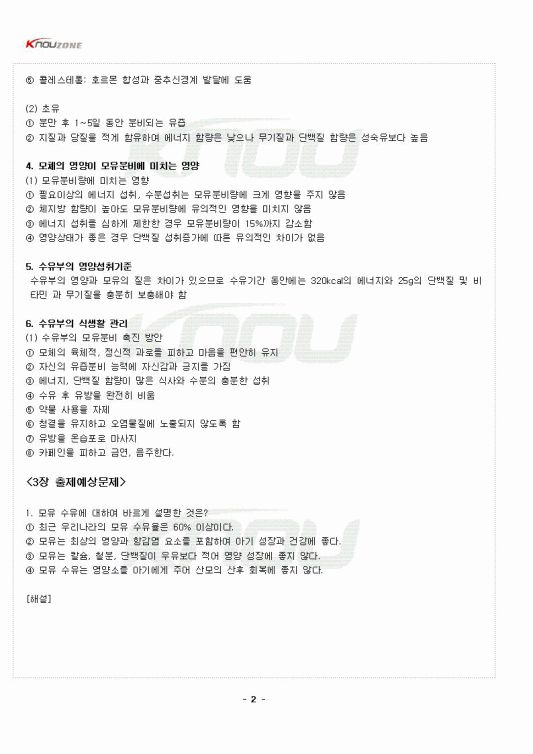 2012년 1학기 생활주기영양학 출석대체시험 핵심체크