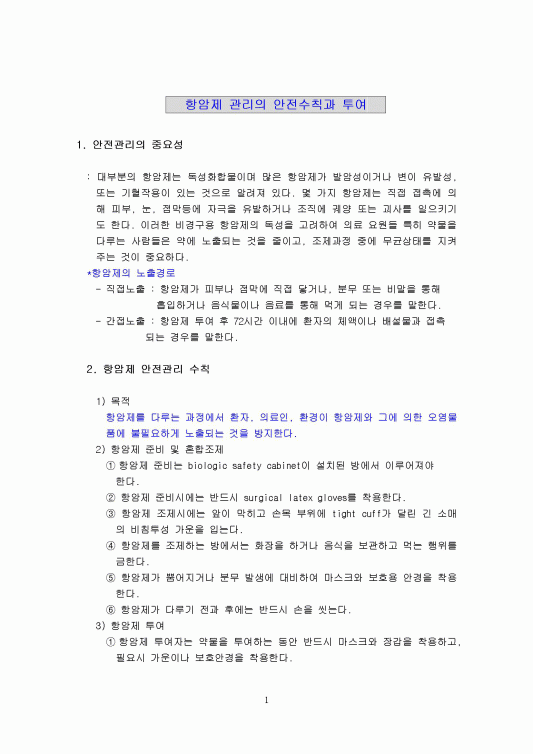 항암제 관리의 안전수칙과 투여