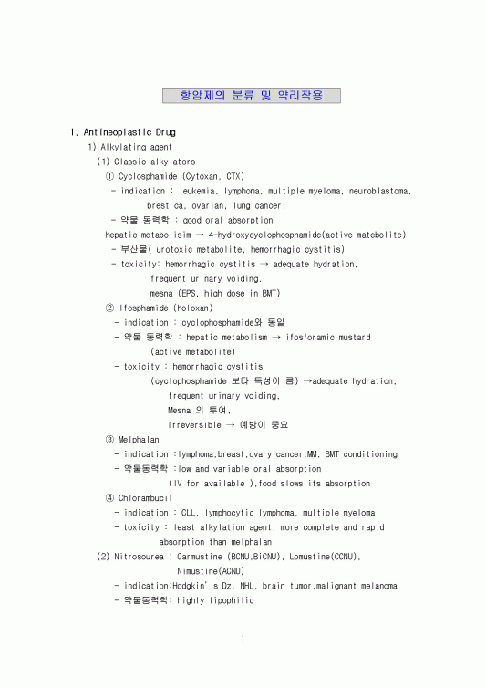 항암제의 분류 및 약리작용