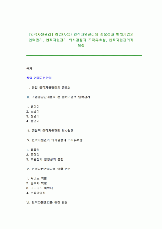 [인적자원관리] 창업(사업) 인적자원관리의 중요성과 벤처기업의 인력관리, 인적자원관리 의사결정과 조직유효성, 인적자원관리자 역할