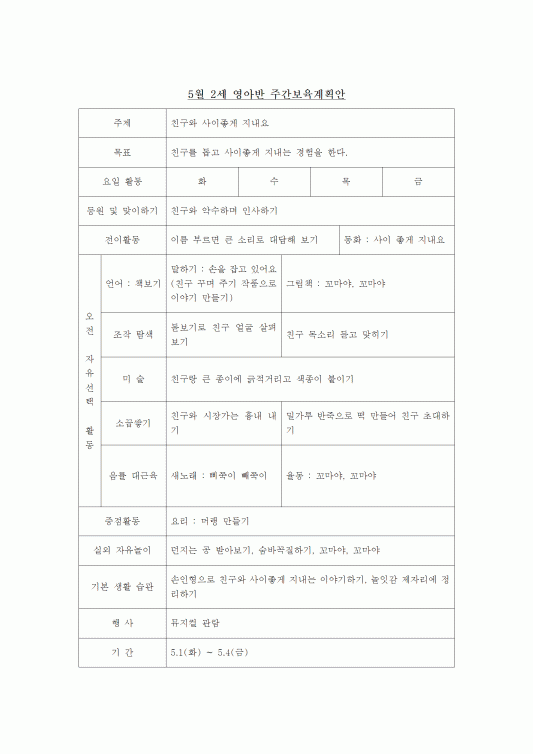 5월 2세 영아반 주간보육계획안