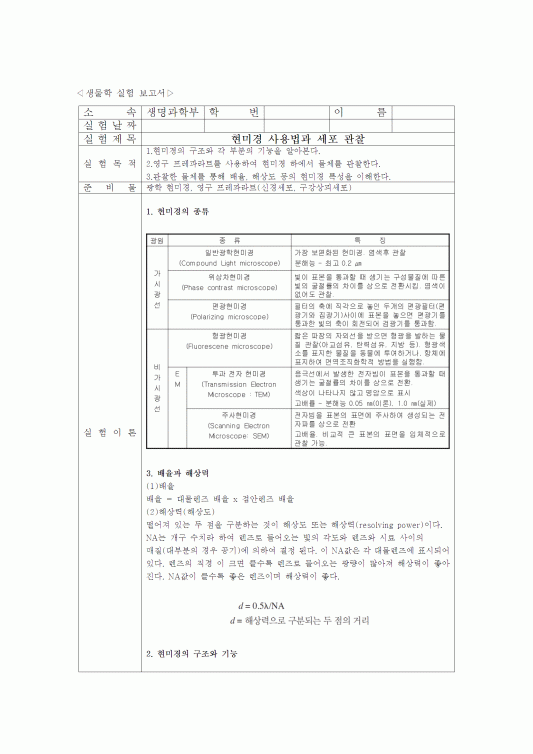 현미경 사용법과 세포 관찰