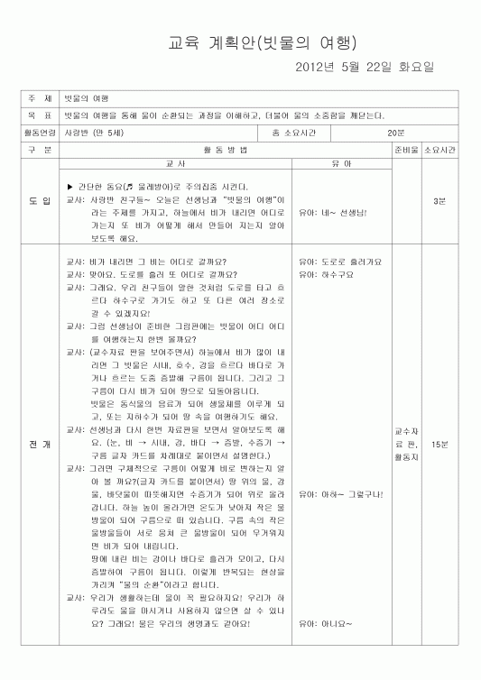 만5세 유아교육계획안(빗물의 여행)