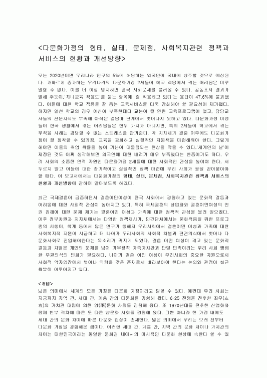 [사회 복지] 다문화가정의 형태, 실태, 문제점, 사회복지관련 정책과 서비스의 현황과 개선방향