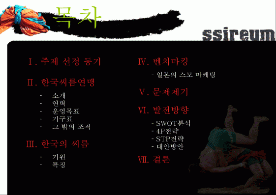 한국씨름,마케팅,브랜드,브랜드마케팅,기업,서비스마케팅,글로벌,경영,시장,사례,swot,stp,4p