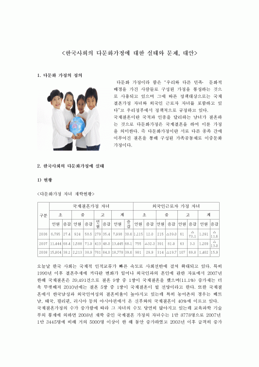 한국 가정의 다문화가정에 대한 실태와 문제, 대안