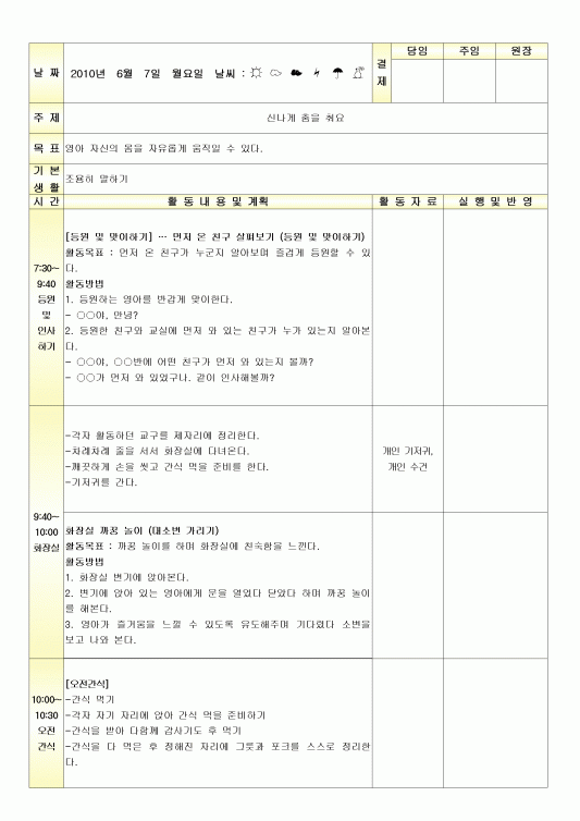 만1세) <활동계획안> 신나게 춤을 춰요 - 영아 자신의 몸을 자유롭게 움직일 수 있다 : 조용히 말하기