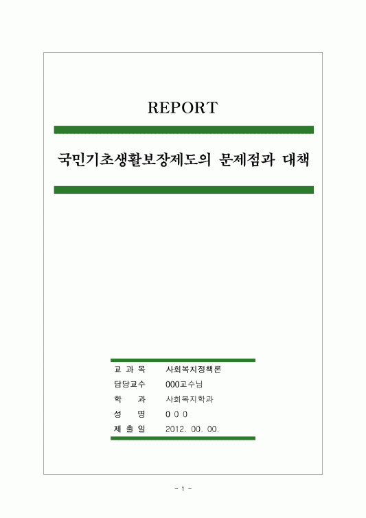 [복지정책론] 국민기초생활보장제도의 문제점과 개선방향