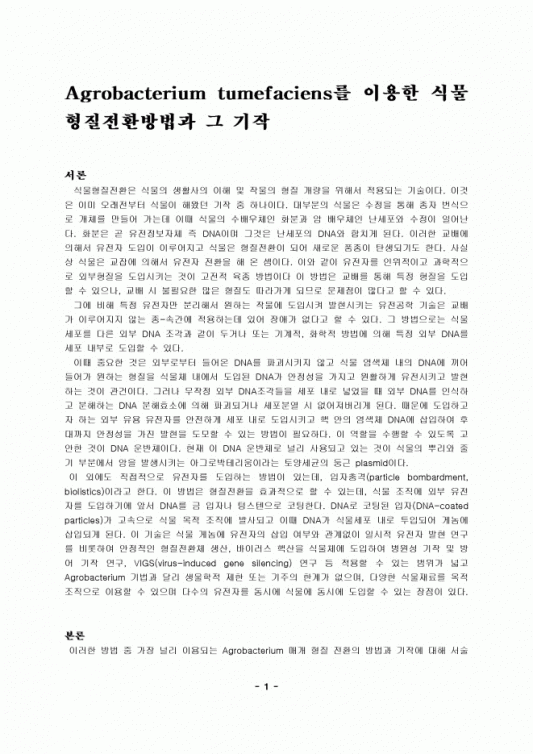 졸업논문 Agrobacterium tumefaciens를 이용한 식물 형질전환방법과 그 기작