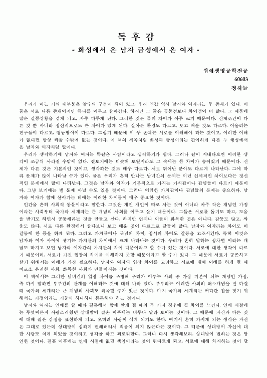 [독후감/서평/요약] 화성에서 온 남자 금성에서 온 여자에 대한 감상문 레포트 자료입니다.