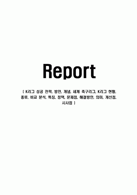 K리그 성공 전략, 방안, 개념, 세계 축구리그, K리그 현황, 종류, 비교 분석, 특징, 정책, 문제점, 해결방안, 의미, 개선점, 시사점